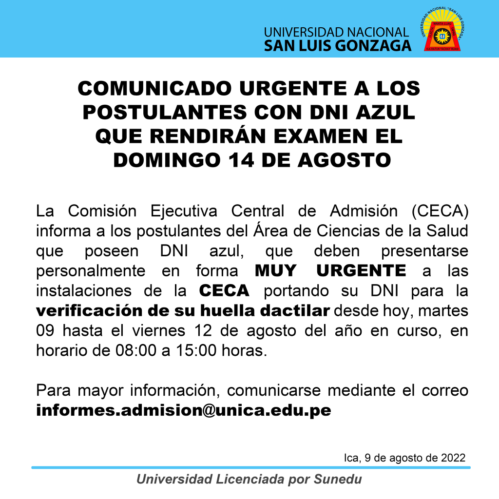 COMUNICADO URGENTE A LOS POSTULANTES CON DNI AZUL QUE RENDIRÁN EXAMEN ...