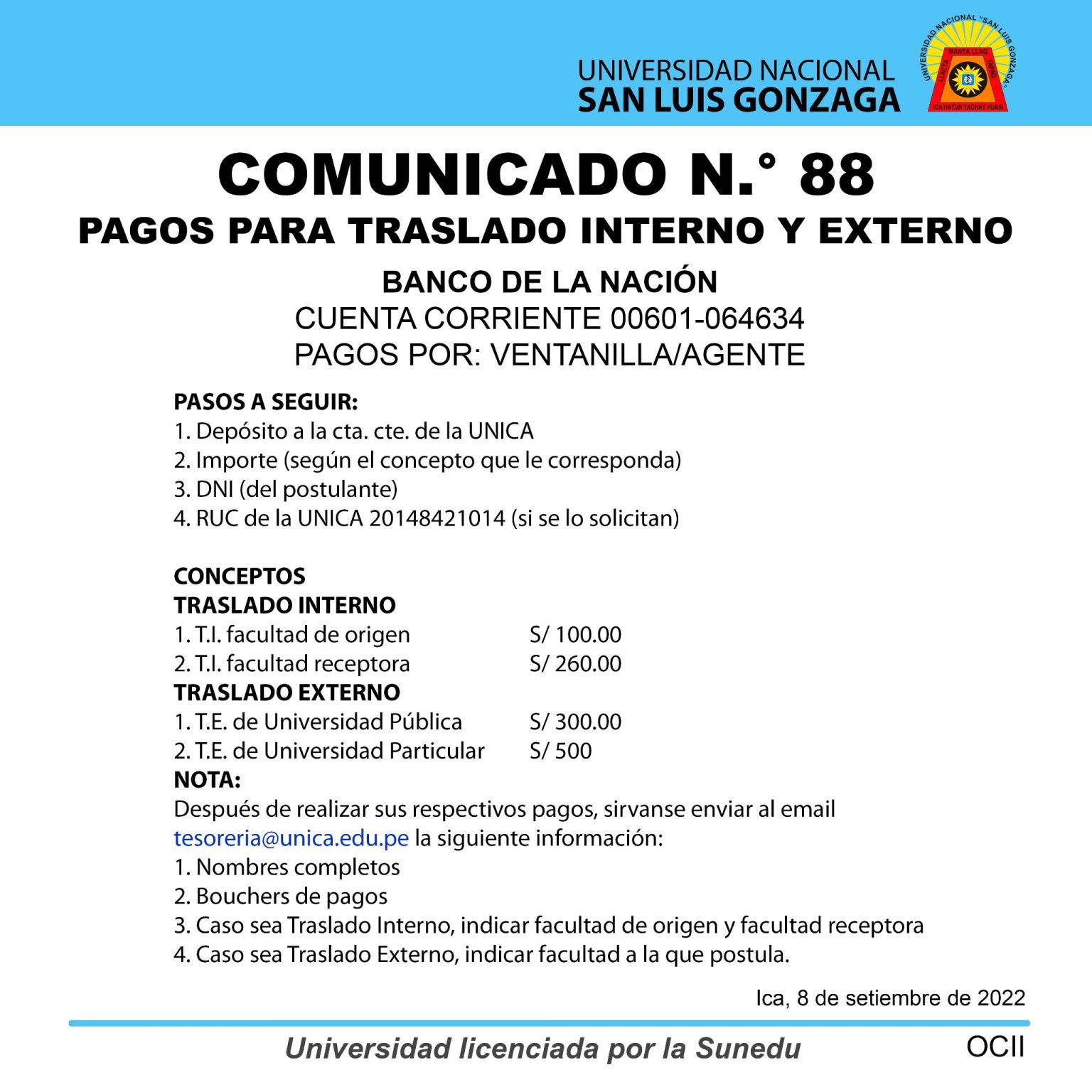 Proceso de Traslados Internos y Externos – Noticias UNICA