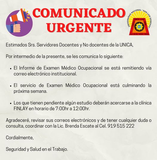 Comunicado de la oficina de Seguridad y Salud en el trabajo – Noticias ...