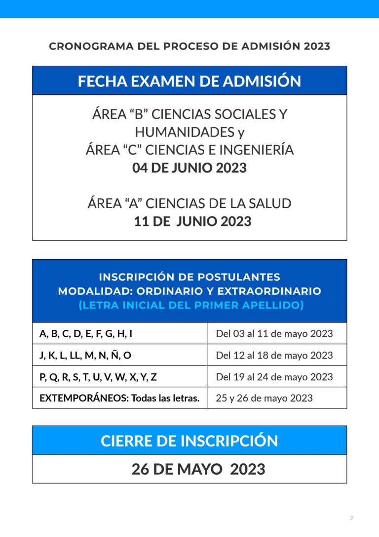 Cronograma del examen de admisión 2023-I. – Noticias UNICA