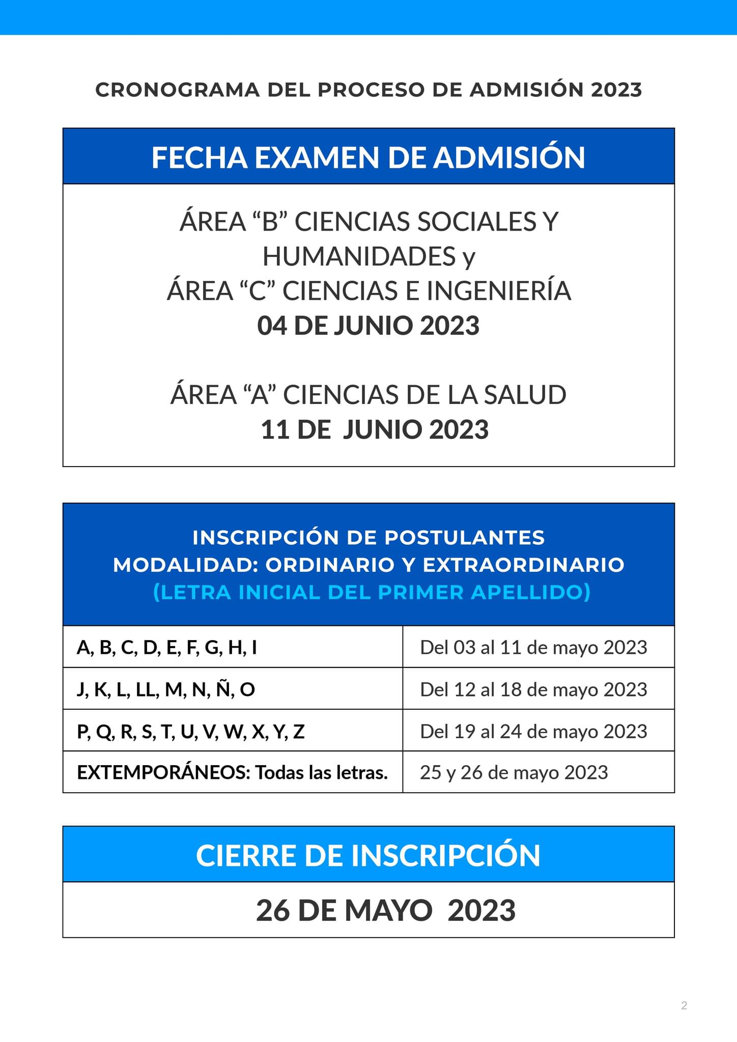 Cronograma del examen de admisión 2023-I. – Noticias UNICA
